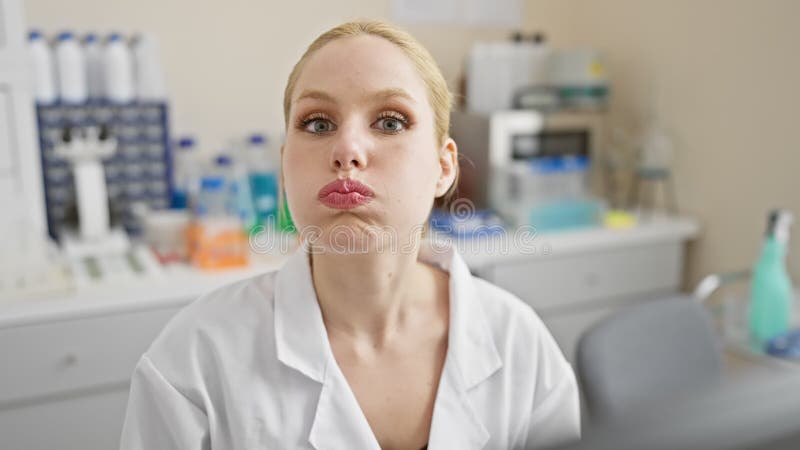 Hilarious Blonde Young Woman in Scientist Uniform, Puffing Cheeks Like ...