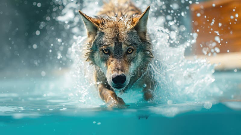 Hilarious Underwater Scene Wolf in Pool Plays Deep Dive Action, Ai ...