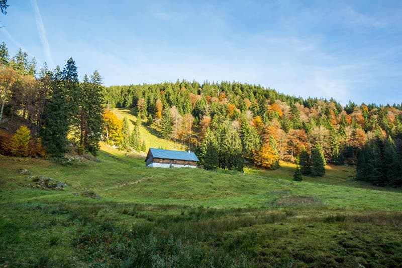 Hill Side Hut on Mountain Besides Forest Stock Image - Image of blue ...