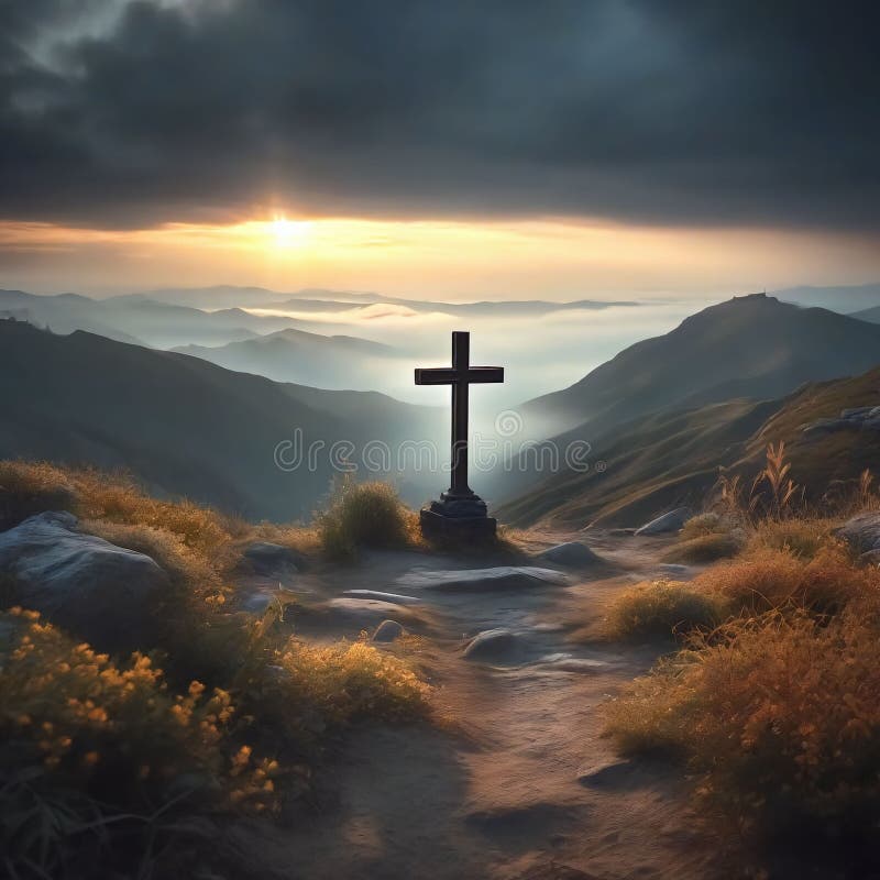 There is a Large Cross on the Hill in the Sunlight Stock Illustration ...