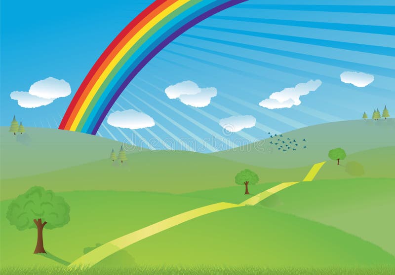Cartoon Green Field Tree Rainbow Cloud Stock Illustrations – 332 ...
