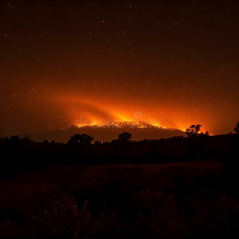 A Hillside Glows with Active Flames at Night Under a Dark Sky Dotted ...