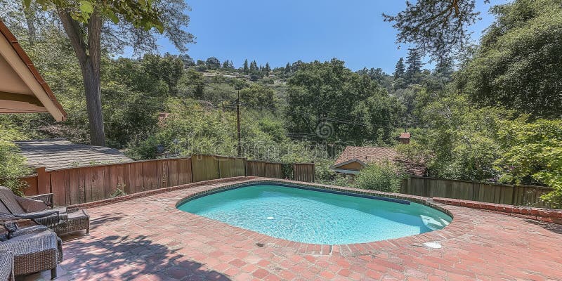 Hillside Home Pool Summer Relaxation Backyard Oasis Brick Patio Stock ...
