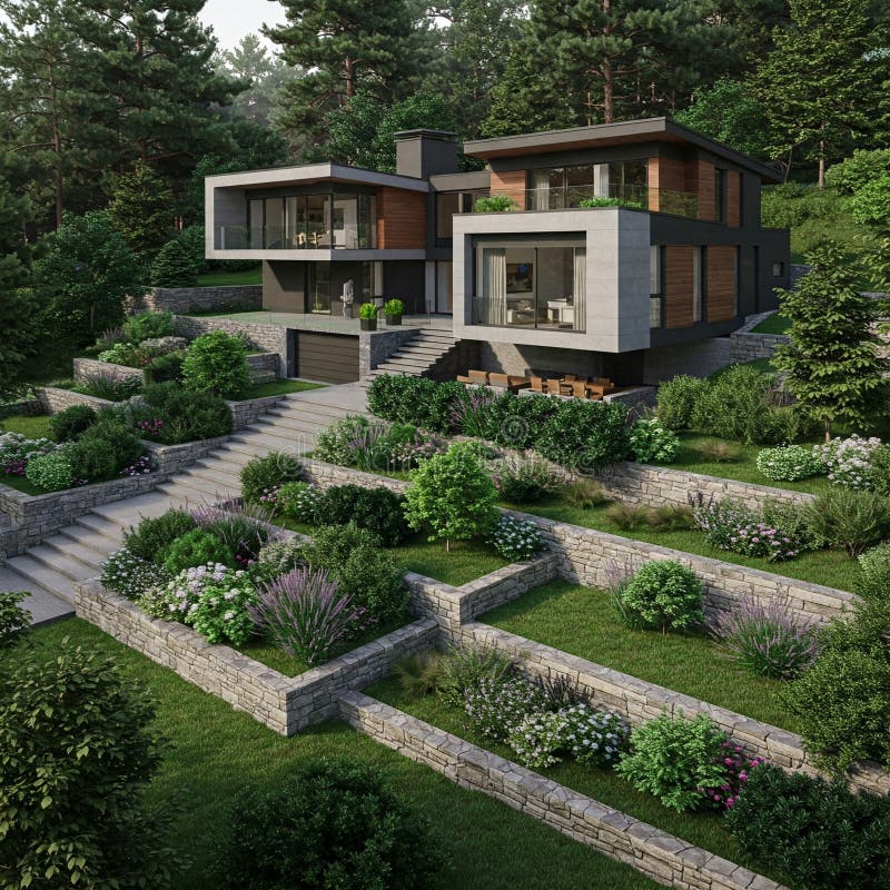 Hillside House Lush Terraced Gardens (Generated with AI) Stock Photo ...
