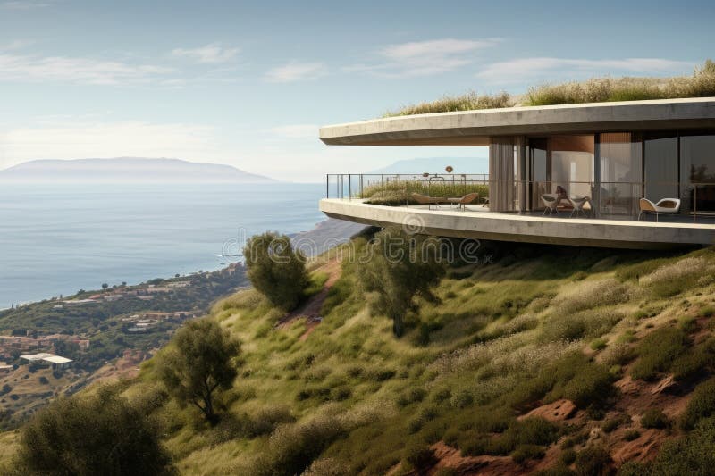 A Hillside House with a Panoramic Sea View in the Background Stock ...