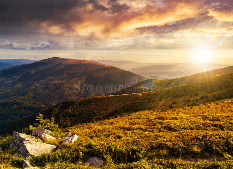 Hillside with Stones in High Mountains at Sunset Stock Photo - Image of ...