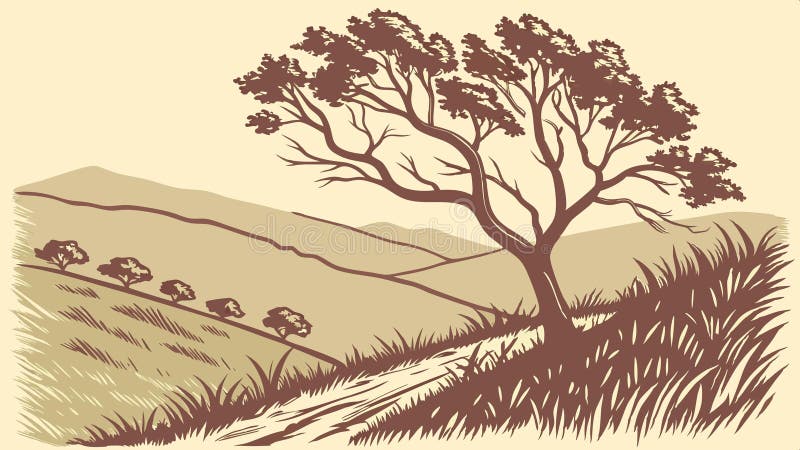 Hillside Tree Silhouette, Sloping Landscape, Nature Tree Outline Vector ...
