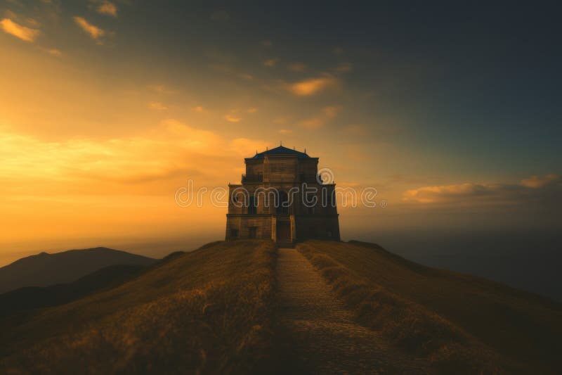 Hilltop Building at Sunset stock illustration. Illustration of sunrise ...