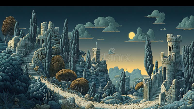 Hilltop Ruins Sunset Path Game Background Stock Image - Image of ...