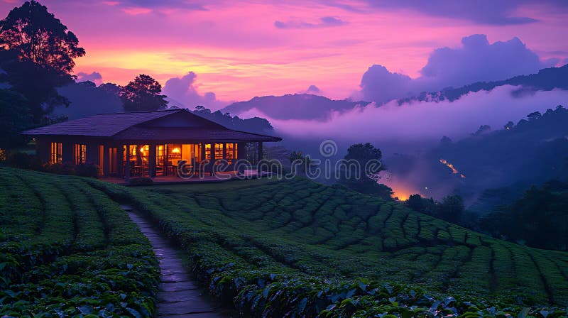 Hilltop Tea Plantation House Sunset Stock Illustration - Illustration ...