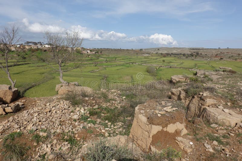 Hilly Area and Fields in a Village Stock Photo - Image of rock, geology ...