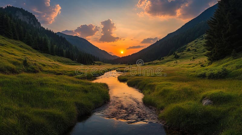 Sunset Stream in Forest. a Peaceful Stream Flows through a Dense Forest ...