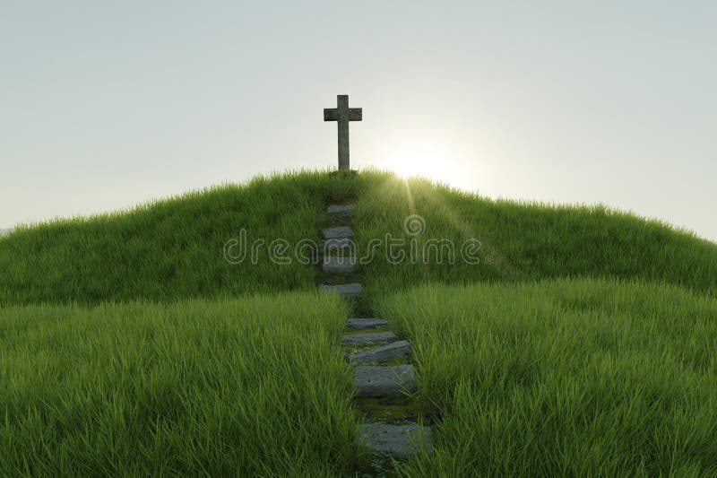 Hilly Grassland with Stairs To an Ancient Cross Monument Stock ...