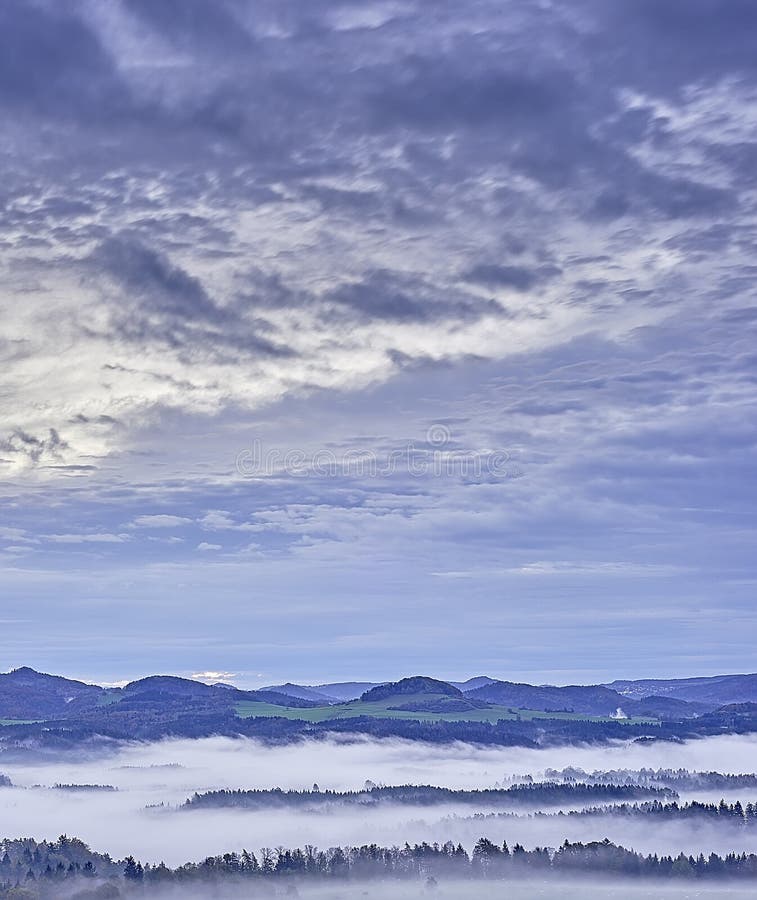Hilly landscape with fog stock photo. Image of serenity - 30376278