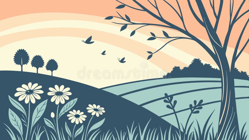Hilly Landscape with Tree and Birds Graphic Illustration Vector Design ...