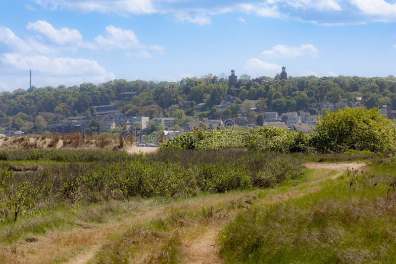 Hilly Town with Twin Lighthouses Stock Image - Image of observation ...