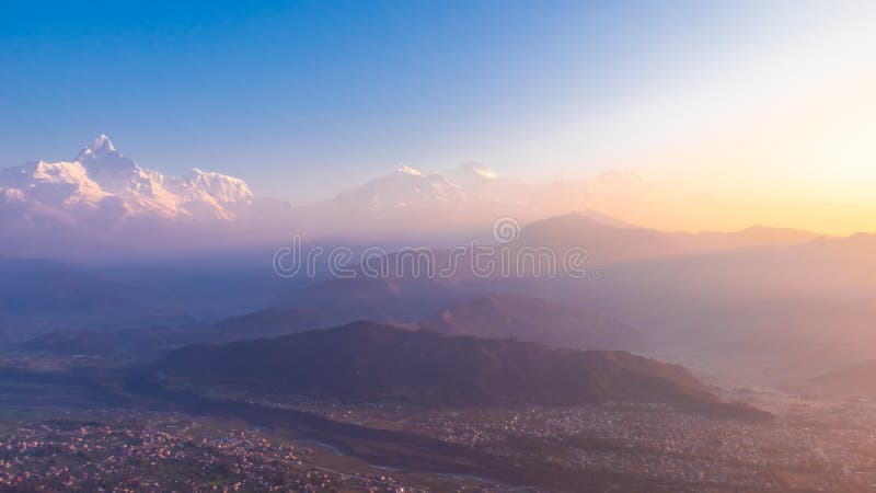 Himalaya Range during Sunrise. First Rays of Sun Hitting the Himalayas ...
