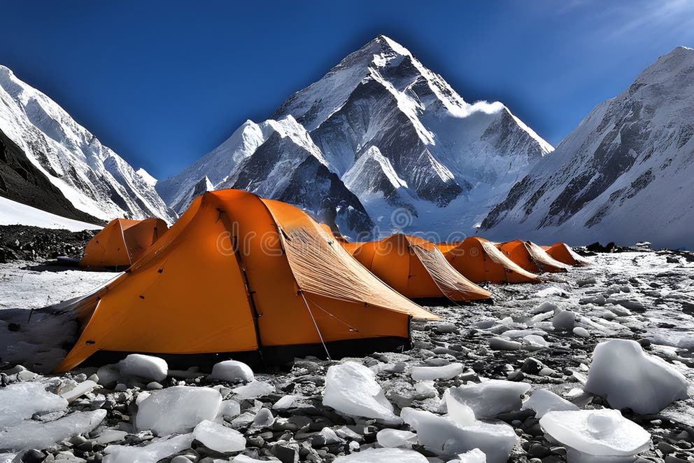 Himalayan Orange Tents are Pitched on Rocky Ground Covered with Snow ...