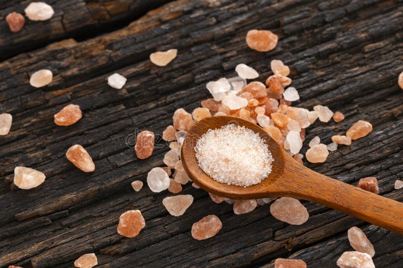 Himalayan Pink Fine Salt - Salt in Pure Crystals on the Spoon Stock ...