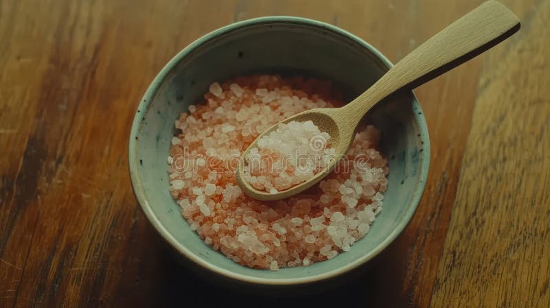 Himalayan Pink Salt in Bowl with Wooden Spoon on Rustic Wooden Surface ...