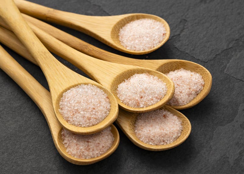 Himalayan Pink Salt in Various Spoons - Fine Salt Crystals Stock Photo ...