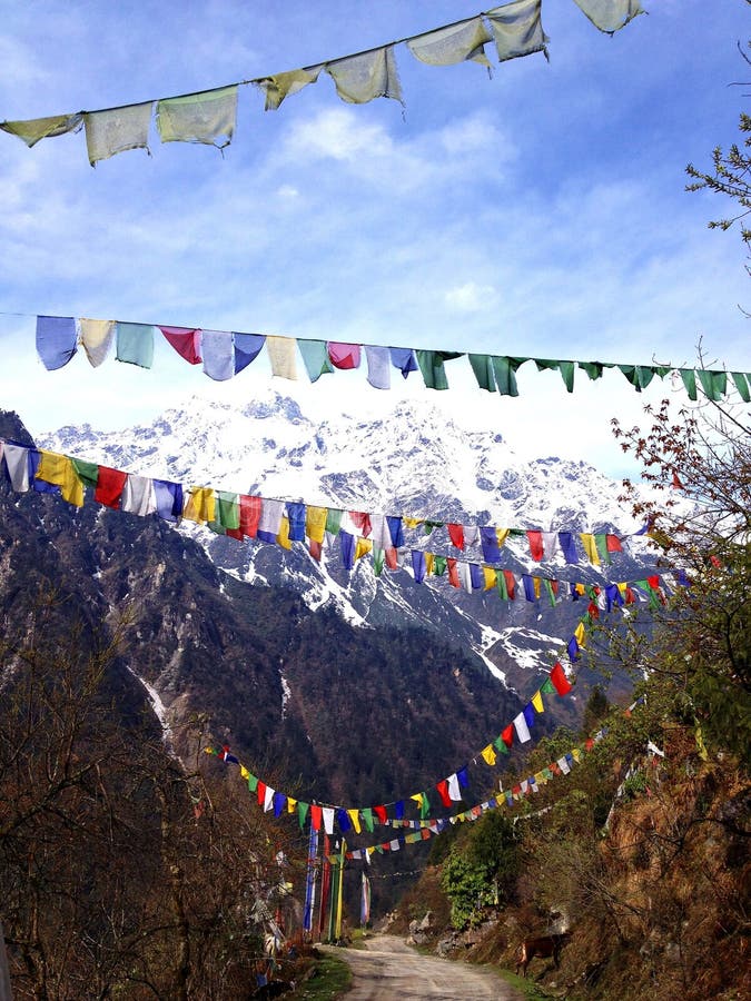 Himalayan Range with Snow Clad, and Mantra Flags on the Road at North ...