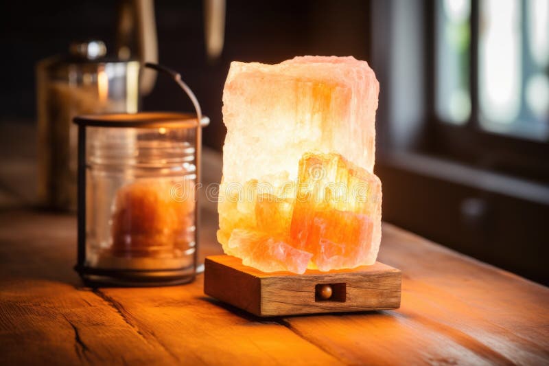 Himalayan Salt Lamp Glowing Warmly on a Wooden Table Stock Illustration ...