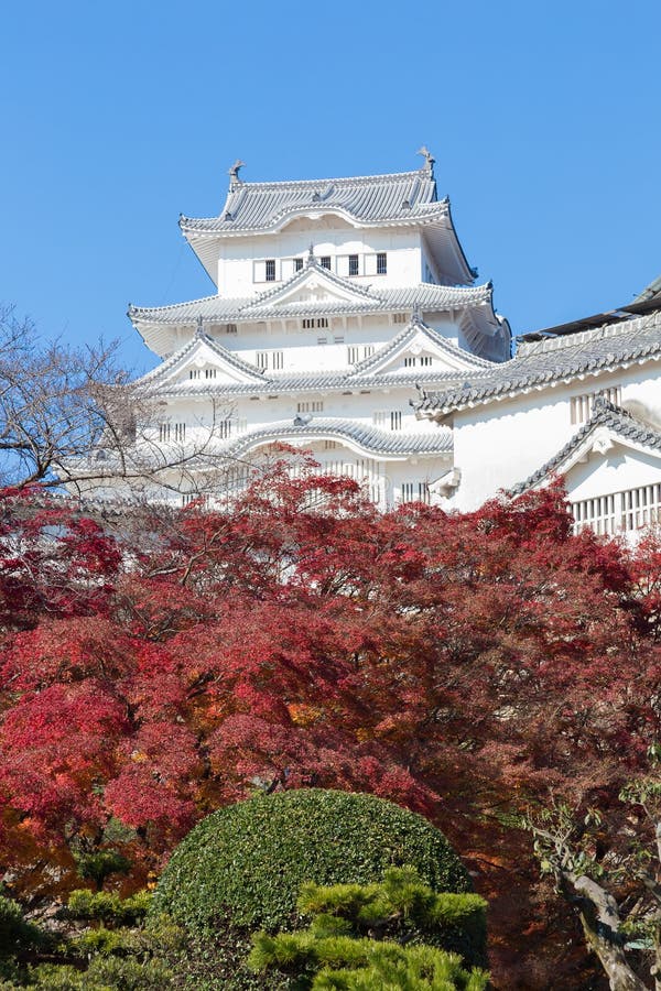 Himeji Castle with Red Leaves Front View Stock Photo - Image of castle ...