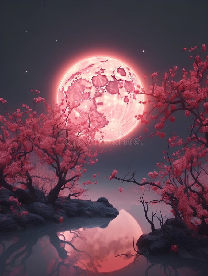 Hina Cherry Blossoms in Full Moon Night, 3d Render Stock Illustration ...