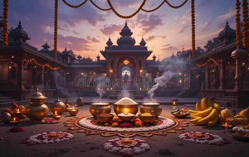 Peaceful Offering Ceremony at a Traditional Indian Temple at Sunset by ...