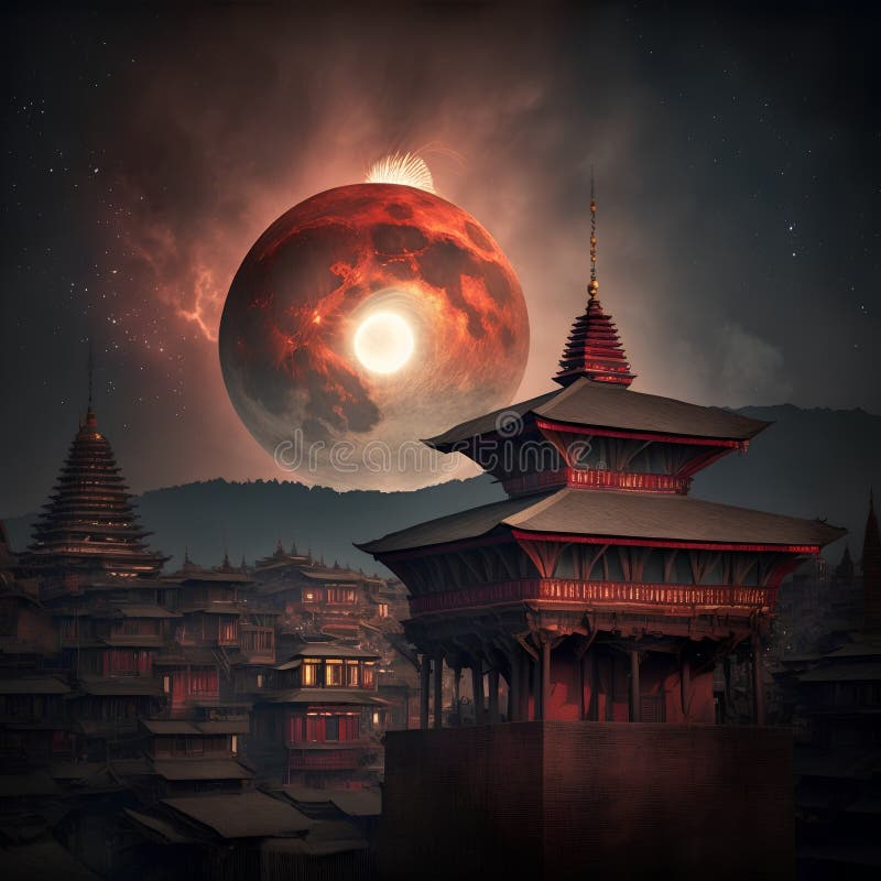 Hindu Temple and Full Moon in the Sky. 3D Rendering Stock Illustration ...