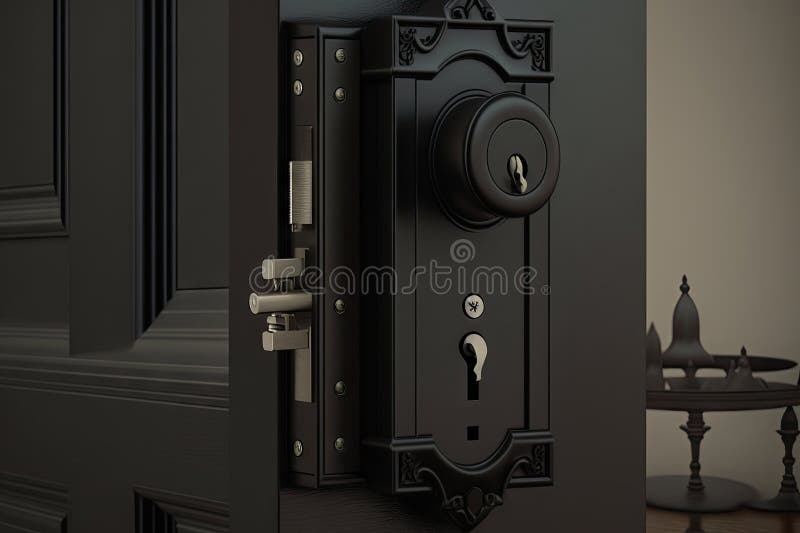 Hinged Door Lock, with Keyhole and Key, in Sleek Black Color Stock ...