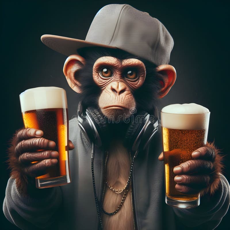 A Hip Hop Monkey Holding Two Same Pints of Beer. Stock Illustration ...