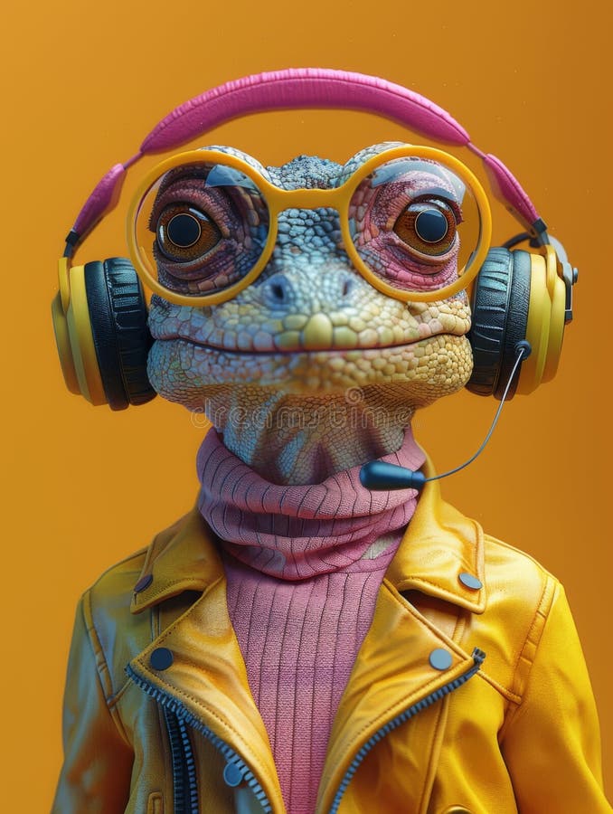 Hip Lizard in Leather Jacket with Headphones and Glasses on Orange ...
