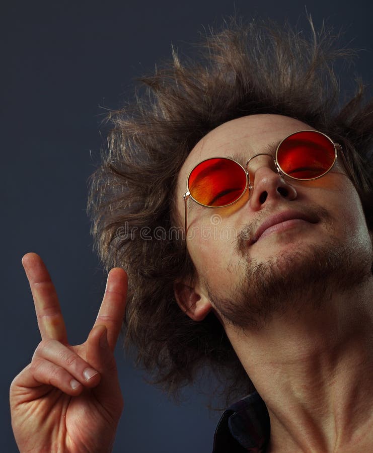 Hippie Middle-aged Man Making the Victory Sign Stock Image - Image of ...