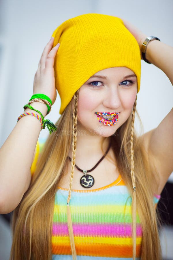 Hippie with Easter Candies on Lips Stock Photo - Image of beautiful ...