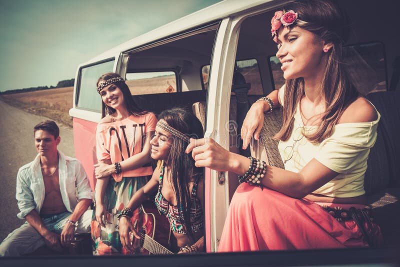 Hippie Friends on a Road Trip Stock Image - Image of lifestyle, minivan ...