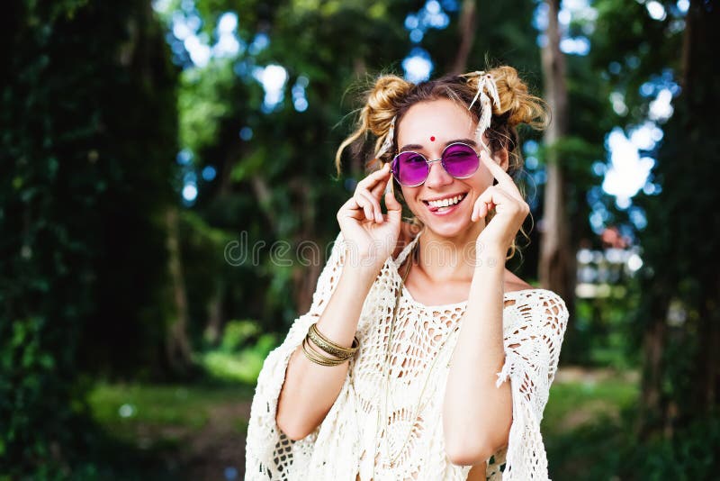Hippie girl in the forest stock image. Image of emotion - 79706727