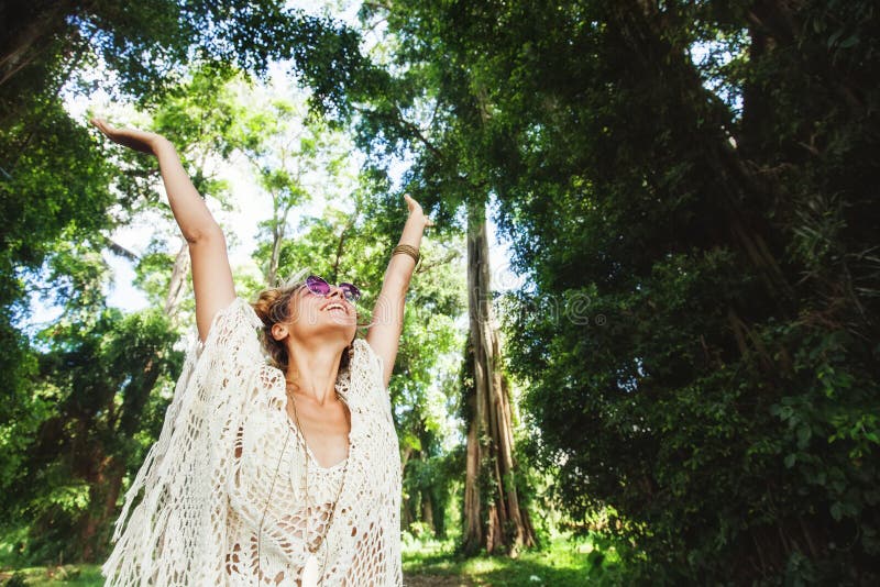 Hippie girl in the forest stock image. Image of fashion - 79706915