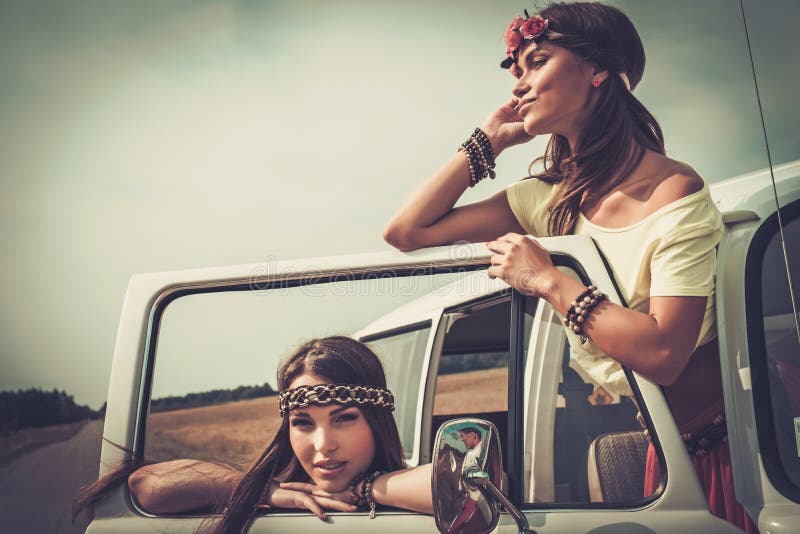 Hippie Girls on a Road Trip Stock Photo - Image of positive, chaplet ...