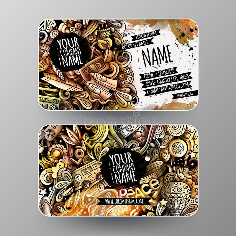 Hippie Hand Drawn Doodle Id Cards Design Stock Illustration ...