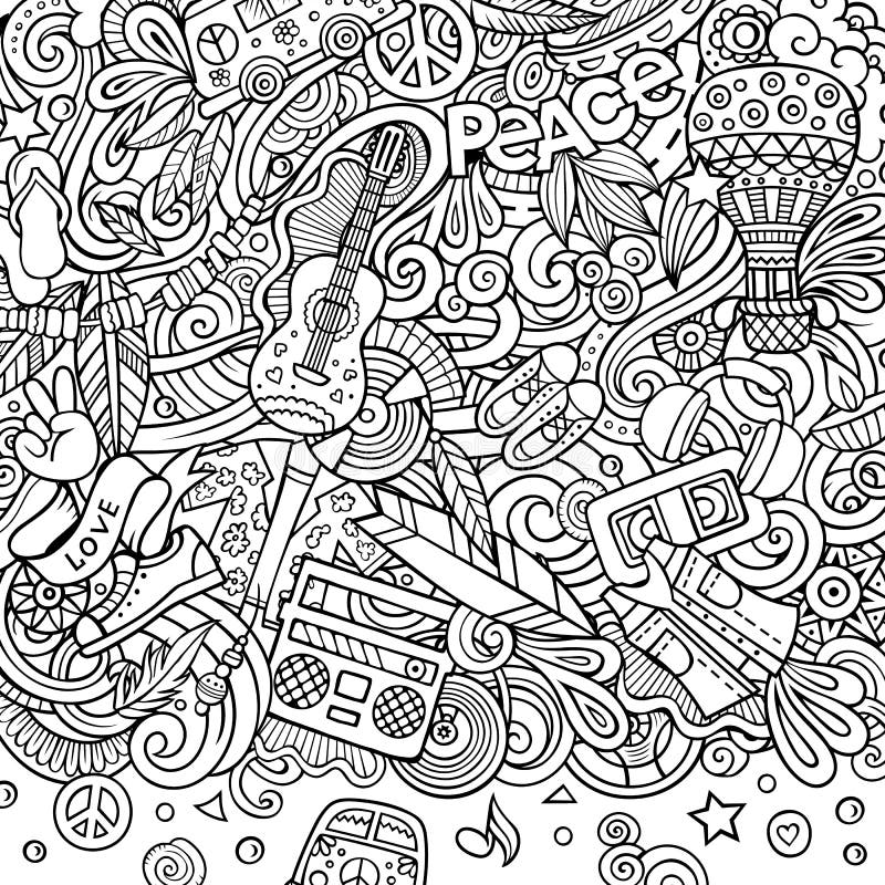 Hippie Hand Drawn Vector Doodles Illustration. Hippy Frame Card Design ... Hippie Hand Drawn Vector Doodles Illustration. Hippy Frame Card Design ...