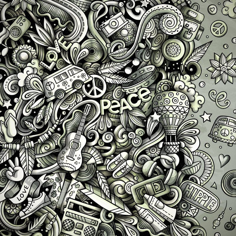 Hippie Hand Drawn Vector Doodles Illustration. Hippy Frame Card Design ...