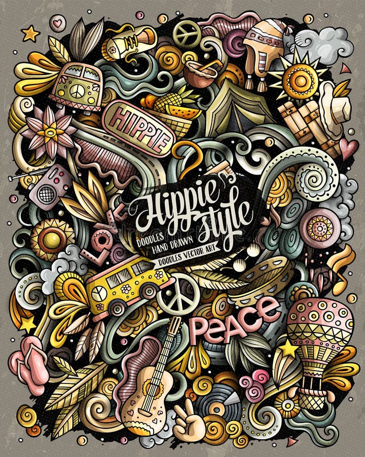 Hippie Hand Drawn Vector Doodles Illustration. Hippy Poster Design ...