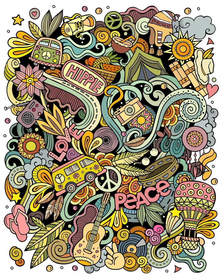 Hippie Hand Drawn Vector Doodles Illustration. Hippy Poster Design ...