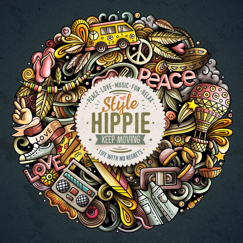 Hippie Hand Drawn Vector Doodles Round Illustration. Hippy Poster ...