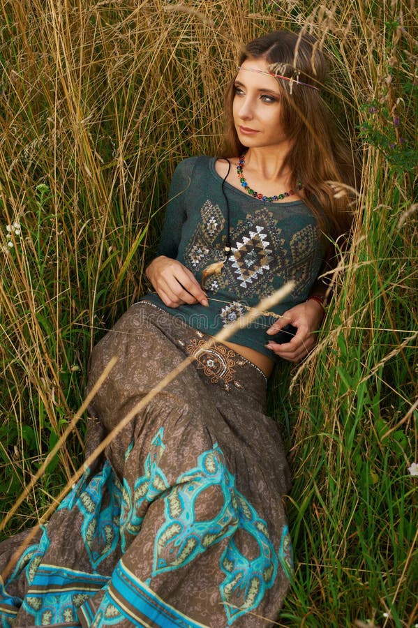 Hippie lady in the fields stock photo. Image of female - 43592224