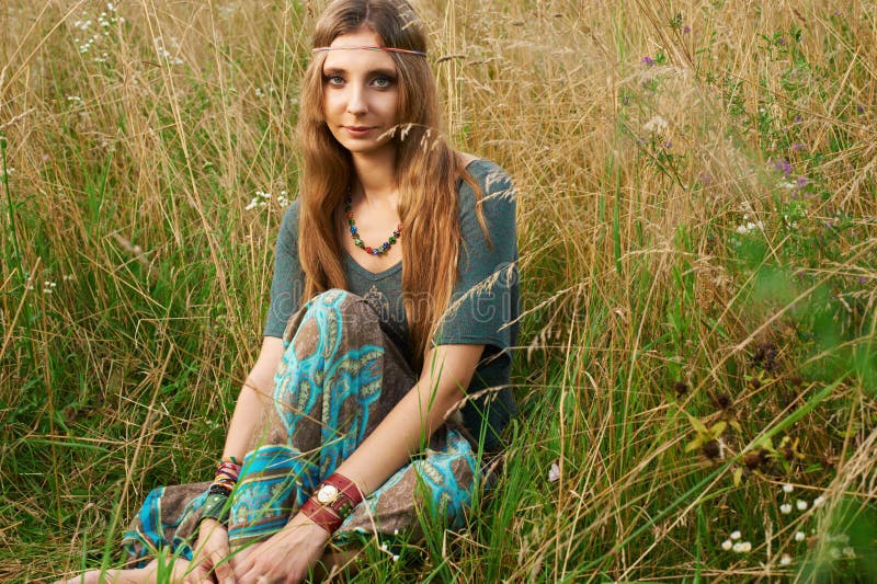 Hippie lady in the fields stock photo. Image of female - 43592224