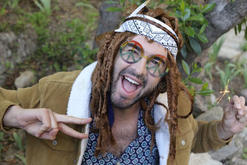 Hippie Man Showing Peace Hand Gesture Stock Image - Image of homosexual ...