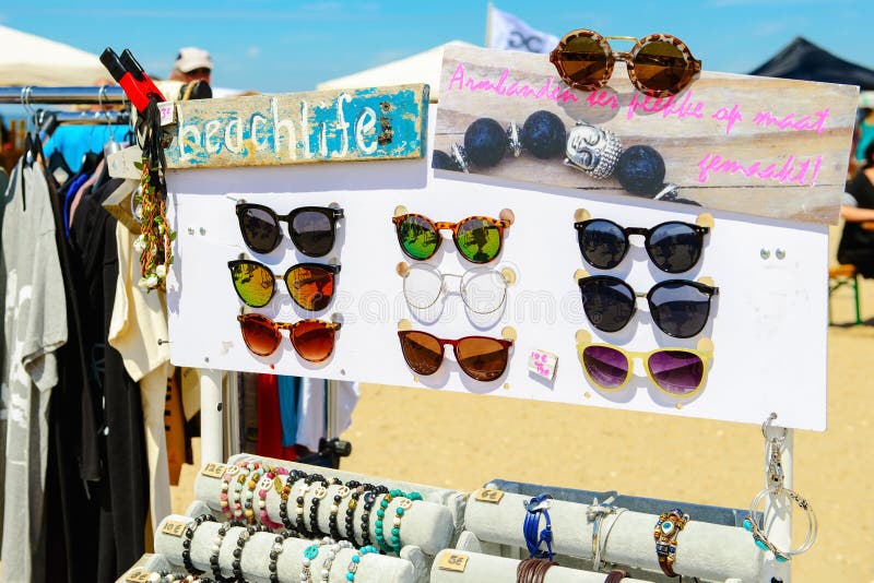 Hippie Market with Signs and Accessory on the Beach.. Stock Image ...